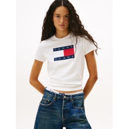 Kurzarmshirt Tommy Jeans "TJW REG TJ FLAG SS TEE", Damen, Gr. L (42/44), beige (ecru), Single Jersey, Obermaterial: 100% Baumwolle, bedruckt, regular fit, Rundhals, Shirts