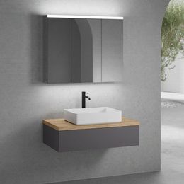 neoro n50 Unterschrank B: 100 cm mit 1 Auszug, Waschtisch B: 58 cm wei&szlig; matt, mit Spiegelschrank,, BN0065WM+BN0413GR+BN0403W1+BN0474MI,