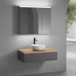 neoro n50 Unterschrank B: 100 cm mit 1 Auszug, Waschtisch &Oslash; 45 cm wei&szlig; matt, mit Spiegelschrank,, BN0106WM+BN0413GR+BN0403W1+BN0474MI,
