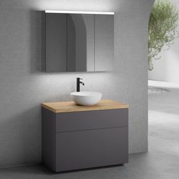 neoro n50 Unterschrank B: 100 cm mit 2 Ausz&uuml;gen, Waschtisch &Oslash; 45 cm wei&szlig; matt, mit Spiegelschrank,, BN0106WM+BN0443GR+BN0403W1+BN0474MI,