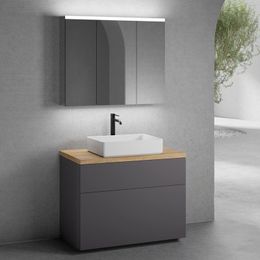 neoro n50 Unterschrank B: 100 cm mit 2 Ausz&uuml;gen, Waschtisch B: 58 cm wei&szlig; matt, mit Spiegelschrank,, BN0065WM+BN0443GR+BN0403W1+BN0474MI,