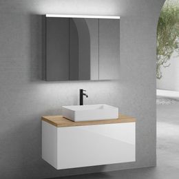 neoro n50 Unterschrank B: 100 cm mit 1 Auszug, Waschtisch B: 58 cm wei&szlig; matt, mit Spiegelschrank,, BN0065WM+BN0433WH+BN0403W1+BN0474MI,