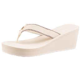 Dianette Tommy Hilfiger "WEDGE BEACH SANDAL", Damen, Gr. 42, beige, Textil, Schuhe Dianette, Keilabsatz, Zehentrenner, Sommerschuh mit Logoschriftzug