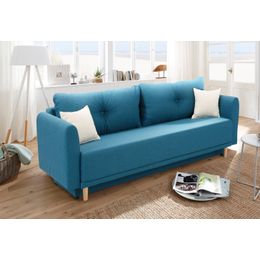 Schlafsofa Home Affaire "Scandic", blau (petrol), B:225cm H:93cm T:86cm, Zierkissen: 100% Polyester;Struktur ( 100% Polyester), Sofas, Schlafsofa, inkl. 2 Zierkissen und Bettkasten, Knopfheftung in R&uuml;ckenkissen