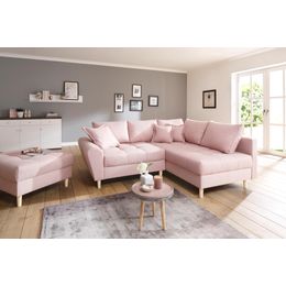 Ecksofa Home Affaire "Rice L-Form, B: 223 cm - OTTO. Verl&auml;ssliche Qualit&auml;t.", rosa (ros&eacute;), B:223cm H:47cm T:184cm, Luxus-Microfaser (100% Polyester);Struktur fein (100% Polyester);Microfaser PRIMABELLE (100% Polyester);Samtoptik (100% Polyester), Sofas, Ecksofa, Set: Sofa & Hocker, mit 3 Zierkissen, Federkern