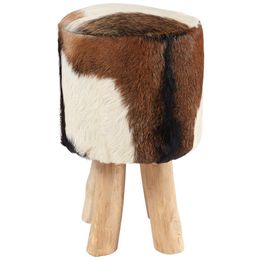 Landscape Hocker, Braun, Natur, Wei&szlig;, Holz, Leder, Echtleder, Ziegenleder, Teakholz, massiv, rund, 32x50x32 cm, Wohnzimmer, Hocker, Sitzhocker