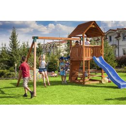 Spielturm Fungoo "JOY Move+ Step On Free Time", braun (blau), Spielt&uuml;rme, KinderB:375cm H:305cm T:435cm, Holz, Metall, Polyethylen, mit Schaukel & Rutsche, B:375cm H:305cm T:435cm