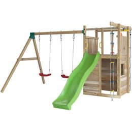 Spielturm Fungoo "HOUSER, mit Rutsche, Schaukeln, Piratenrad und Haus mit Fenster", beige (natur), Spielt&uuml;rme, KinderB:343cm H:220cm T:363cm, Holz, Made in Europe, B:343cm H:220cm T:363cm