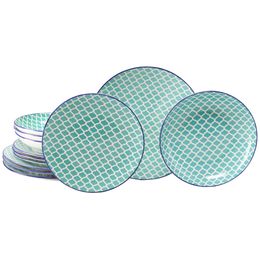 Teller-Set Creatable "Mediterran, Teller Set 12-tlg.", petrol, 12, Steinzeug, Geschirr-Sets, Mediterraner Flair, Traditionell keramische Motive