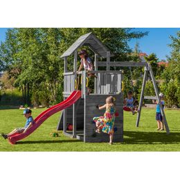 Spielturm Fungoo "CAROL 3 GREY", grau (rot), Spielt&uuml;rme, KinderB:310cm H:282cm T:460cm, Holz, Metall, Polyethylen, mit Schaukel & Rutsche, Kletterwand, Kletterfalle, B:310cm H:282cm T:460cm