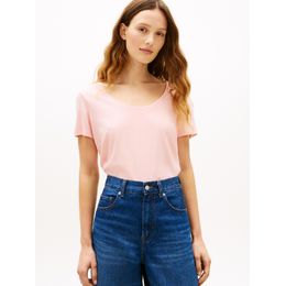 Kurzarmshirt Tommy Hilfiger "CO LINEN SCOOP NK SS TEE", Damen, Gr. L (42/44), soft rose, Single Jersey, Obermaterial: 50% Baumwolle, 50% Leinen, unifarben, figurbetont normal, U-Boot-Ausschnitt, Shirts, mit kleinem Logo-Stick