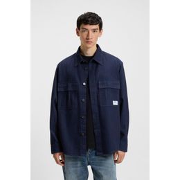 Langarmhemd HUGO BLUE "Ebargo", Herren, Gr. XL, N-Gr, blau (navy411), Web, Obermaterial: 100% Baumwolle, gestreift, oversize normal, Rundhals, 1-Knopf-Manschette, Hemden, Kentkragen, oversize fit, Denim-Optik