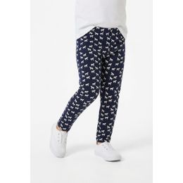 Sweatleggings happy girls, M&auml;dchen, Gr. 140, N-Gr, blau (navy), angeraute Sweatware, Obermaterial: 60% Polyester, 35% Baumwolle, 5% Elasthan, bedruckt, skinny fit kn&ouml;chellang, Hosen, im tollen Einhorn-Alloverprint