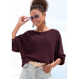 Rundhalspullover Lascana, Damen, Gr. 32/34, lila (burgunder), Strick, Obermaterial: 50% Viskose, 28% Polyester, 22% Polyamid, unifarben, figurumspielend h&uuml;ftlang, Rundhals, Fledermaus&auml;rmel, Pullover Rundhalspullover, mit Zierkn&ouml;pfen hinten, lockerer Strickpullover