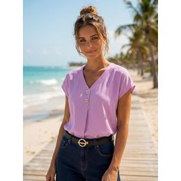 Schlupfbluse Lascana, Damen, Gr. 34, lila (flieder), Web, Obermaterial: 100% Viskose, unifarben, figurumspielend h&uuml;ftlang, V-Ausschnitt, Blusen Schlupfbluse, mit modischen Kn&ouml;pfen, luftige Kurzarmbluse, sommerlich, Topseller