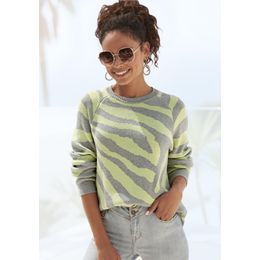 Strickpullover Lascana, Damen, Gr. 32/34, grau (grau, limone), Strick, Obermaterial: 50% Baumwolle, 50% Polyacryl, figurumspielend h&uuml;ftlang, Rundhals, Rippstrickb&uuml;ndchen, Pullover Strickpullover, mit Zebramuster in fester Strickqualit&auml;t