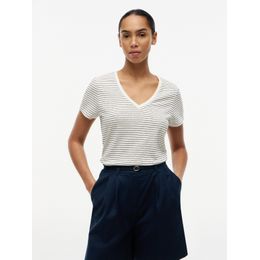 Kurzarmshirt Tommy Hilfiger "CO LINEN V-NECK SHORT SLEEVE TEE", Damen, Gr. L (42/44), small brt stp calico, schwarz, Single Jersey, Obermaterial: 50% Baumwolle, 50% Leinen, gestreift, regular fit normal, V-Ausschnitt, abgesteppte Kante, Shirts Kurzarmshirt, mit V-Ausschnitt, Regular Fit