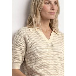 Kurzarmpullover Street One, Damen, Gr. 40, soft beige, Strick, Obermaterial: 100% Baumwolle, gestreift, l&auml;ssig geschnitten h&uuml;ftbedeckend, V-Ausschnitt, B&uuml;ndchen, Pullover Kurzarmpullover, mit Streifen und Polokragen
