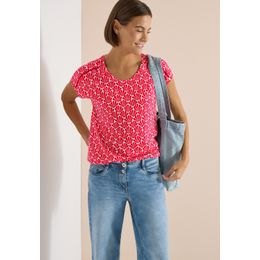 T-Shirt Cecil, Damen, Gr. XS (36), glazed apple rot, Jersey, Obermaterial: 50% Baumwolle, 50% Modal, bedruckt, gemustert, figurumspielend h&uuml;ftlang, V-Ausschnitt, Shirts T-Shirt, mit Modal und Spitzendetail, Alloverprint