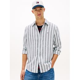 Langarmhemd Tommy Jeans "REGULAR LINEN MIX STRIPES", Damen, Gr. M, N-Gr, sweet blau stripes, Web, Obermaterial: 55% Leinen, 45% Baumwolle, gestreift, regular fit normal, Rundhals, eingesetzt Manschette, Hemden Langarmhemd, Regular fit mit Streifenmuster