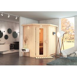 Sauna Karibu "&raquo;Liyah&laquo; mit Energiespart&uuml;r Kranz naturbelassen", beige (naturbelassen), Bio-Kombiofen, externe Steuerung, (ohne Ofen), Saunen, Sauna, in verschiedenen Ausf&uuml;hrungen erh&auml;ltlich