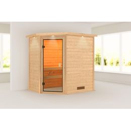 Sauna Karibu "Juli" mit bronzierter T&uuml;r und Kranz, naturbelassen", beige (naturbelassen), ohne Ofen, ohne Steuerung, (ohne Ofen), Saunen, Sauna, aus hochwertiger nordischer Fichte