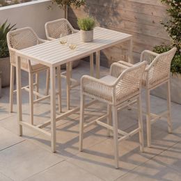 Set Bartisch + 4x Barhocker MCW-P91, Barstuhl Stehtisch, Outdoor Sitzpolster Seilgeflecht Metall ~ creme