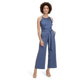 Overall Vera Mont "Damen mit Volant", Damen, Gr. 44, Normalgr&ouml;&szlig;en, blau (blau stone), Obermaterial: 95% Polyester, 5% Elasthan, festlich, figurumspielend, amerikanischer Ausschnitt, Overalls Overall, Bindeband