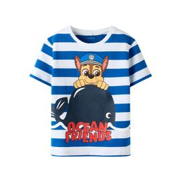 T-Shirt name it "NMMMILAN PAW SS NREG TOP BOX CPLG", M&auml;dchen, Gr. 92, lapis blau, Jersey, Obermaterial: 95% Baumwolle, 5% Elasthan, bedruckt, geringelt, gestreift, normal normal, Rundhals, Shirts T-Shirt