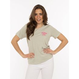 T-Shirt Zwillingsherz "Zwillingsherz", Damen, Gr. S, salbei, Obermaterial: 95% Viskose, 5% Elasthan, Shirts T-Shirt, V-Neck, gestreift, kleines Motiv gestickt
