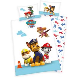 Kinderbettw&auml;sche PAW PATROL "Dogs", wei&szlig; (wei&szlig;, blau), B/L: 100cm x 135cm, 1 Stk., 1 Stk., Renforc&eacute;, B/L: 60cm x 40cm, 2 Stk., Renforc&eacute;, Obermaterial: 100% Baumwolle, Bettw&auml;sche, mit Hunden