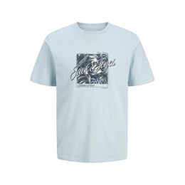 Jack & Jones T-Shirt JACK & JONES JUNIOR "JJHONOLULU SHAPE TEE SS CREW NECK JNR", Jungen, Gr. 140, celestial blau, Single Jersey, Obermaterial: 100% Baumwolle, bedruckt, unifarben mit Farbeinsatz, regular fit normal, Rundhals, Shirts T-Shirt, mit Logoprint
