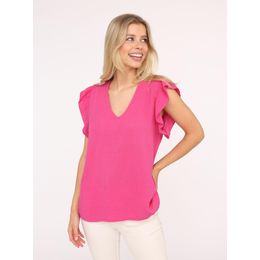 Kurzarmbluse Zwillingsherz "Giselle", Damen, pink (fuchsia), Obermaterial: 100% Baumwolle, unifarben, bequem h&uuml;ftlang, V-Ausschnitt, Blusen, tiefer V-Ausschnitt, R&uuml;schen&auml;rmel, Baumwolle