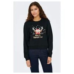 Weihnachtssweatshirt Only "OnlyDA XMAS L/S O-NECK BOX SWT", Damen, Gr. S, schwarz print:merry christmas deer, angeraute Sweatware, Obermaterial: 60% Baumwolle, 40% Polyester, Rundhals, Sweatshirts, Baumwollmischung, regular fit
