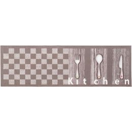 K&uuml;chenl&auml;ufer "KITCHEN, Made in Belgium", braun, B:45cm H:5mm L:145cm, Polyamid, PRIMAFLOR-IDEEN IN TEXTIL, Teppiche, mit Schriftzug & Motiv Besteck, rutschhemmend, waschbar, K&uuml;che