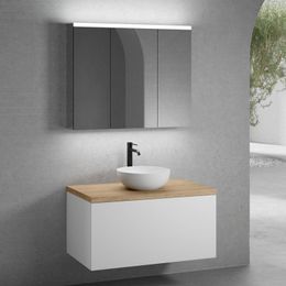 neoro n50 Unterschrank B: 100 cm mit 1 Auszug, Waschtisch &Oslash; 40 cm wei&szlig; matt, mit Spiegelschrank,, BN0064WM+BN0433WM+BN0403W1+BN0474MI,