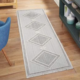 Teppich Carpet City "LINDO 8853", gr&uuml;n, B:80cm H:11mm L:300cm, Obermaterial: 100% Polyester, Teppiche, Teppich, Kurzflor, Hochtief-Muster/ 3D-Effekt, Fransen, Boho-Stil, Wohnzimmer