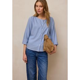 Carmenbluse STREET ONE STUDIO, Damen, Gr. 38, original blau, Stoff, 65% Polyester, 35% Viskose, gestreift, normal normal, Rundhals, elastischer Bund, Blusen, im Seersucker-Style mit Streifen