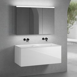 neoro n50 Unterschrank B: 120 cm mit 1 Auszug, Doppelwaschtisch ohne Hahnloch, wei&szlig; matt, mit Spiegelschrank,, BN0099WM+BN0434WH+BN0475MI,