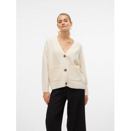 V&eacute;ro Moda Strickjacke VERO MODA "VMBOOM LS V-NECK BUTTON CARDIGAN GA NOOS", Damen, Gr. M, beige (birch detail:melange), Strick, Obermaterial: 85% Polyester, 7% Polyacryl, 5% Wolle, 3% Elasthan, meliert, loose fit h&uuml;ftlang, V-Ausschnitt, Strickjacken Strickjacke