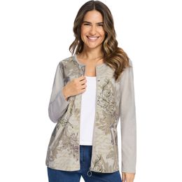 Damen Shirtjacke in Melange-Optik, bedruckt beige-meliert-sesam-bedruckt, Gr&ouml;&szlig;e 52