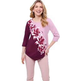 Damen Tunikashirt mit spitz zulaufendem Saum burgund-mauve-bedruckt, Gr&ouml;&szlig;e 44
