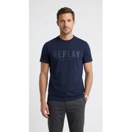 T-Shirt Replay, Damen, Gr. L, indigo blau, Single Jersey, Obermaterial: 100% Baumwolle, unifarben, regular fit normal, Rundhals, abgesteppte Kante, Shirts T-Shirt, Baumwoll-Qualit&auml;t, Logoschriftzug