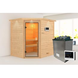 Sauna Karibu "Trixi" mit bronzierter T&uuml;r und Kranz, naturbelassen", beige (naturbelassen), Saunaofen, externe Steuerung, 400 kW, Saunen, Sauna, aus hochwertiger nordischer Fichte