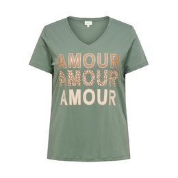 T-Shirt Only CARMAKOMA "CARMAE LIFE S/S V-NECK REG TEE JRS", Damen, Gr. L, laurel wreath print:amour, Jersey, Obermaterial: 100% Baumwolle, bedruckt, regular fit normal, V-Ausschnitt, Shirts T-Shirt