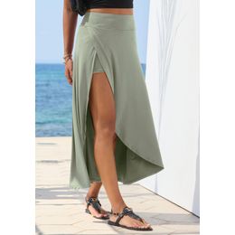 Maxirock Lascana, Damen, Gr. 38, helles khaki, Jersey, Obermaterial: 95% Viskose, 5% Elasthan, unifarben, figurumspielend kn&ouml;chellang, R&ouml;cke Maxirock, mit integrierter Radler Shorts