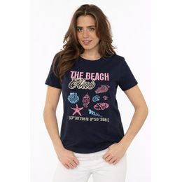 T-Shirt Zwillingsherz "Beach", Damen, Gr. XL, marine, Obermaterial: 95% Baumwolle, 5% Elasthan, Shirts T-Shirt, Rundhals, gro&szlig;es maritimes Motiv mit Stickerei