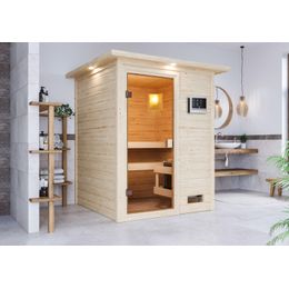 Sauna Karibu "Sandy" mit bronzierter T&uuml;r und Kranz, Ofen 9 kW, naturbelassen", naturbelassen, Saunaofen, externe Steuerung, 400 kW, Saunen, Sauna, aus hochwertiger nordischer Fichte und 9 kW Ofen mit integr. Steuerung