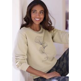 Sweatshirt Lascana, Damen, Gr. 36/38, khaki, Sweatware, Obermaterial: 60% Baumwolle, 40% Polyester, bedruckt, unifarben, h&uuml;ftlang, Rundhals, Rippb&uuml;ndchen, Sweatshirts Sweatshirt, mit gl&auml;nzenden Druckdetails, Loungewear