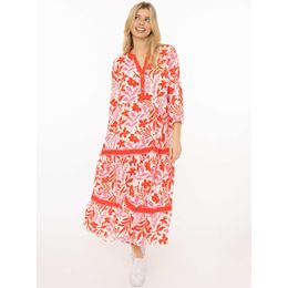 Maxikleid Zwillingsherz "Flower", Damen, Gr. L/XL, N-Gr, rot, Obermaterial: 100% Viskose, Kleider Maxikleid, Florales Muster, Schriftzug, 3/4 Arm, Knopfleiste